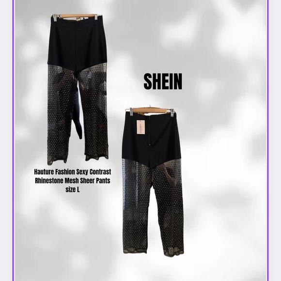 SHEIN | Pants & Jumpsuits | Shein Black Rhinestone Mesh Sheer Pants ...